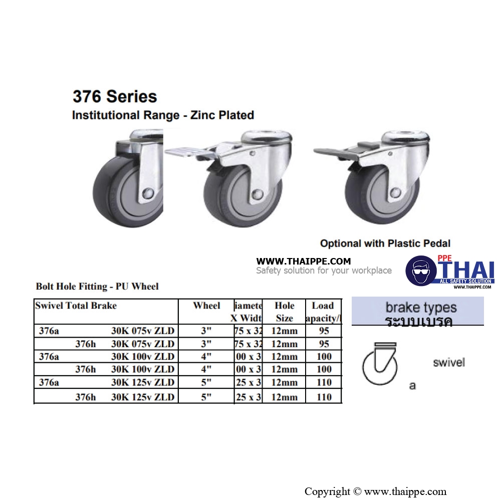376a Swivel 30K 125v ZLD Bolt Hole Fitting-PU Wheel Institutional Range ...