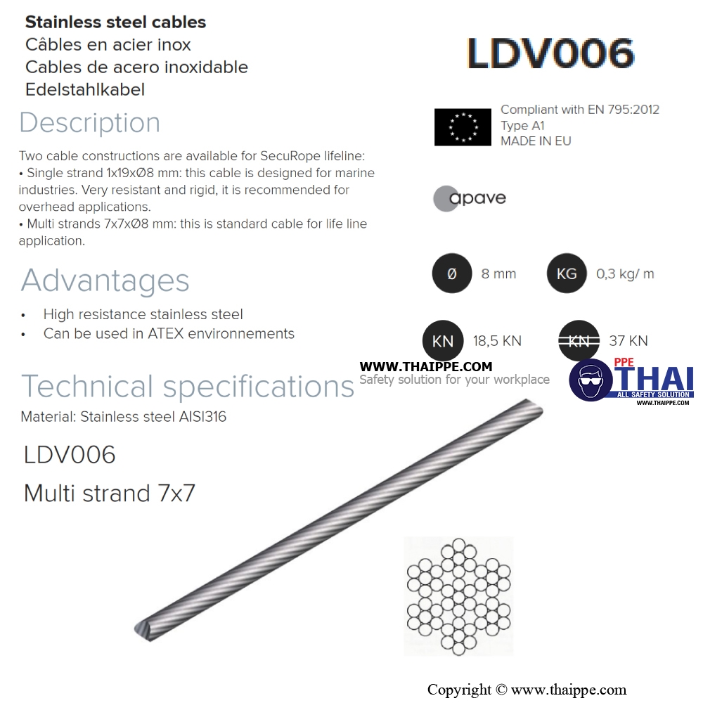 LDV006 Cable Ø 8 mm construction 7x7 | THAIPPE All Safety Solution